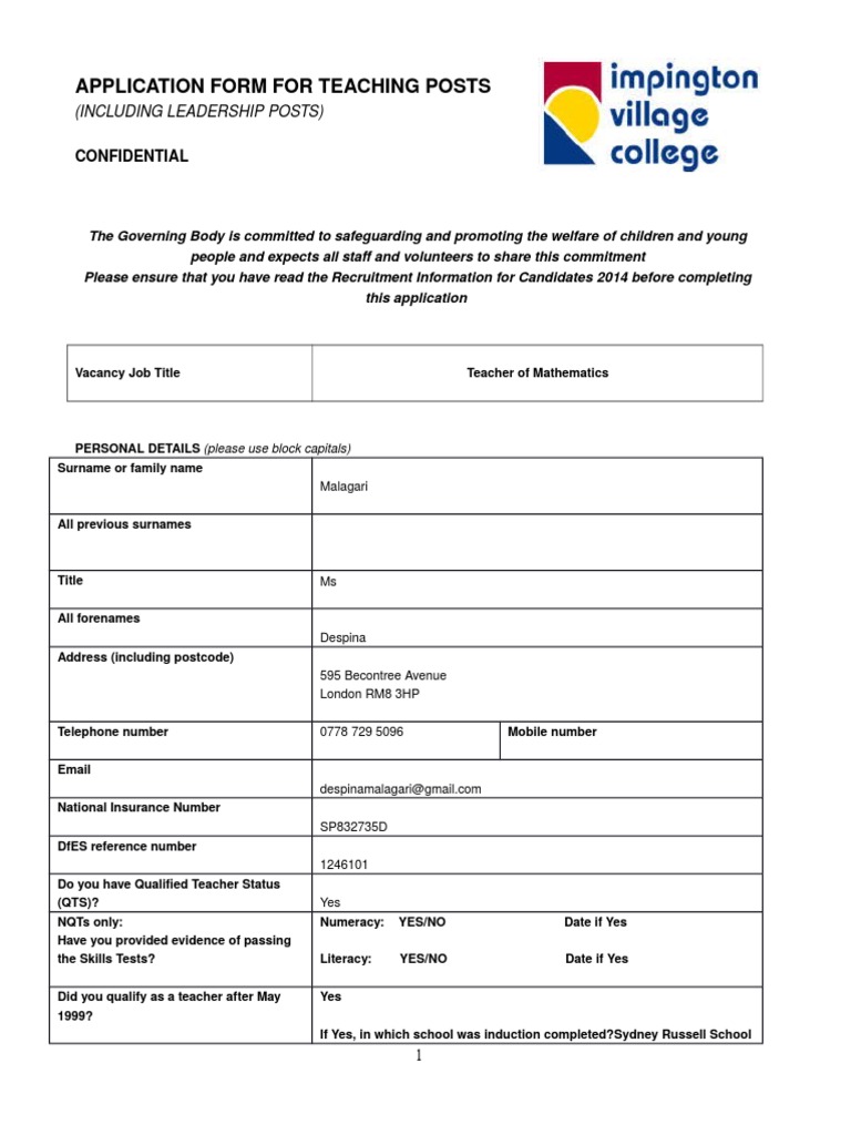 Teaching Staff Application Form Impington Village College | PDF ...