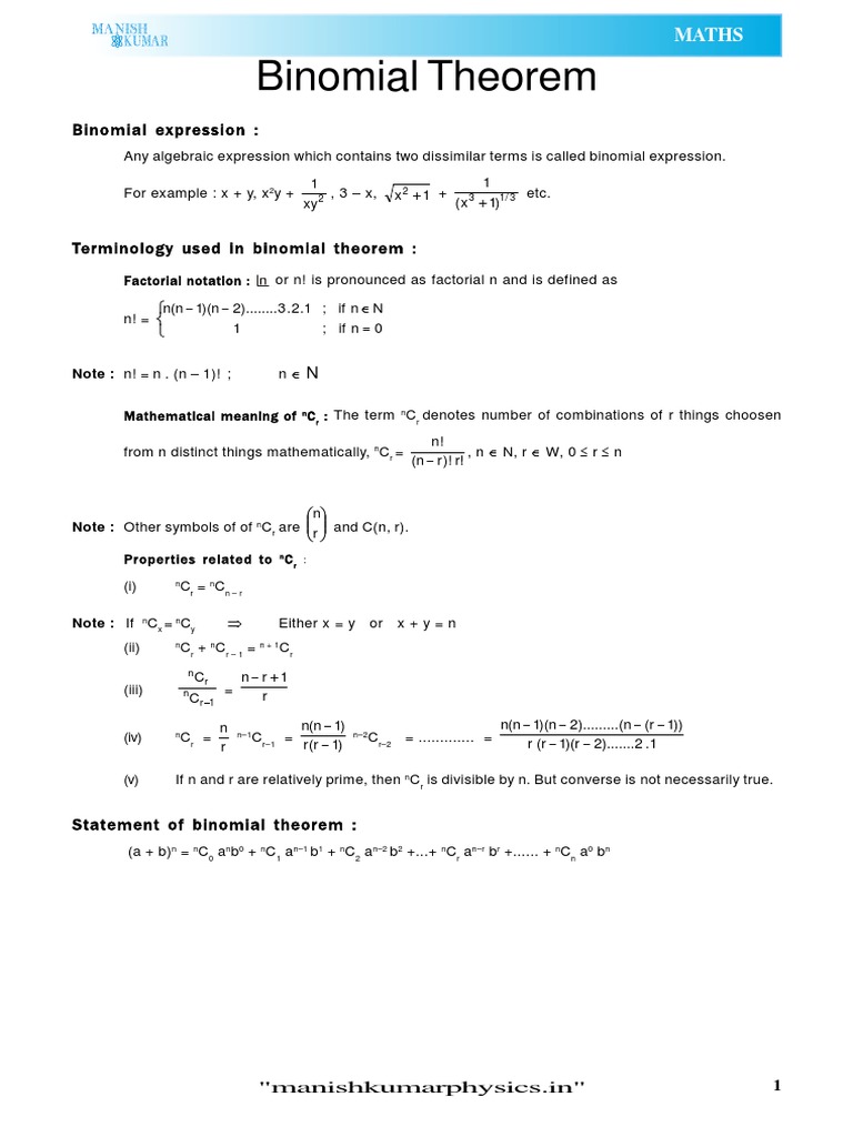 Binomial Theorem | PDF | Integer | Numbers