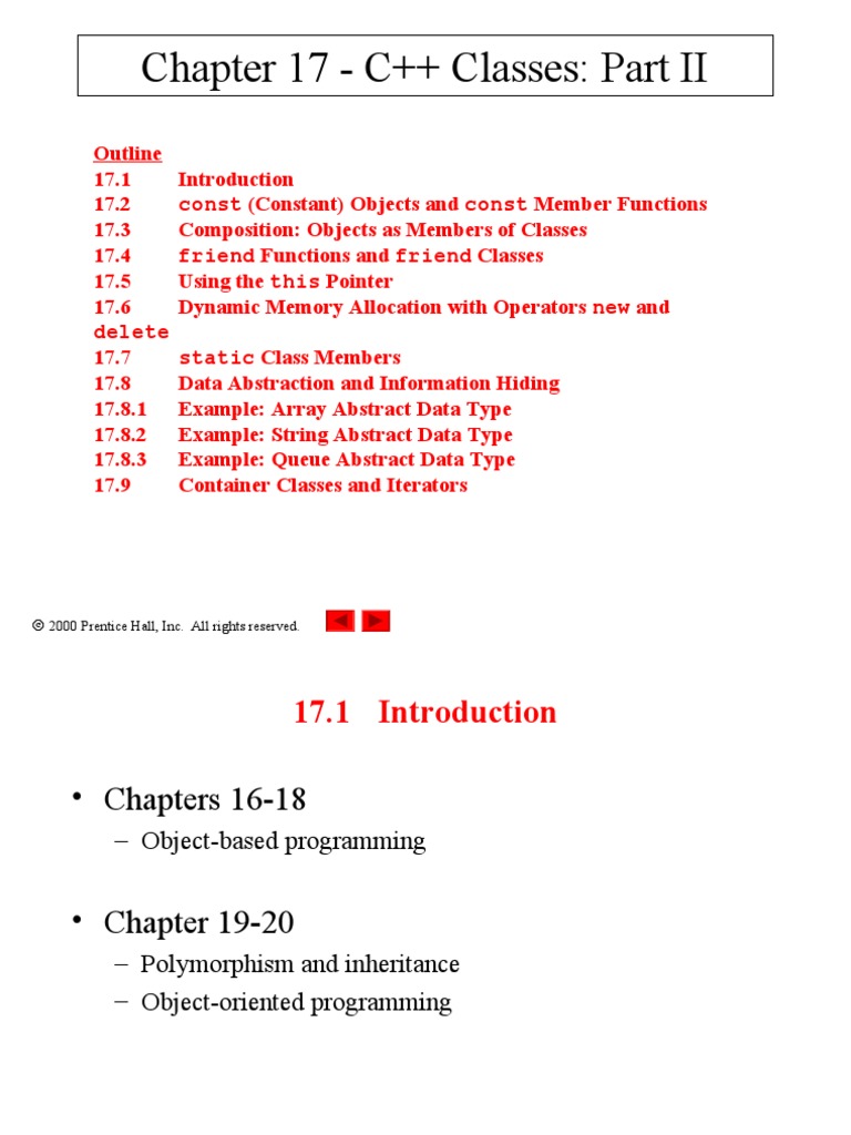 Chapter 17 - C++ Classes: Part II: 2000 Prentice Hall, Inc. All Rights ...
