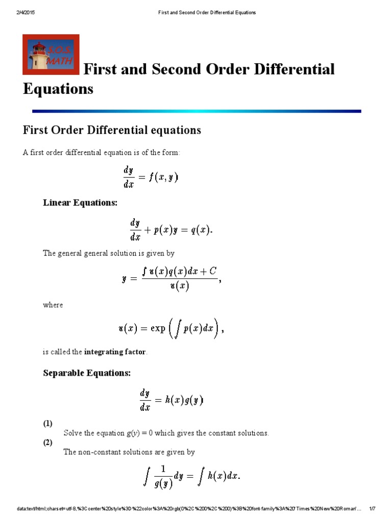 First and Second Order Differential Equations | PDF | Equations ...