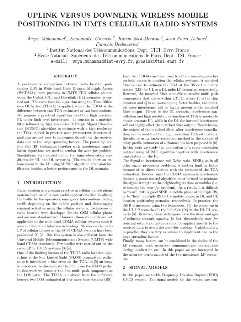 Uplink Versus Downlink Wirless Mobile Positioning in Umts Cellular Radio Systems | PDF | Code ...
