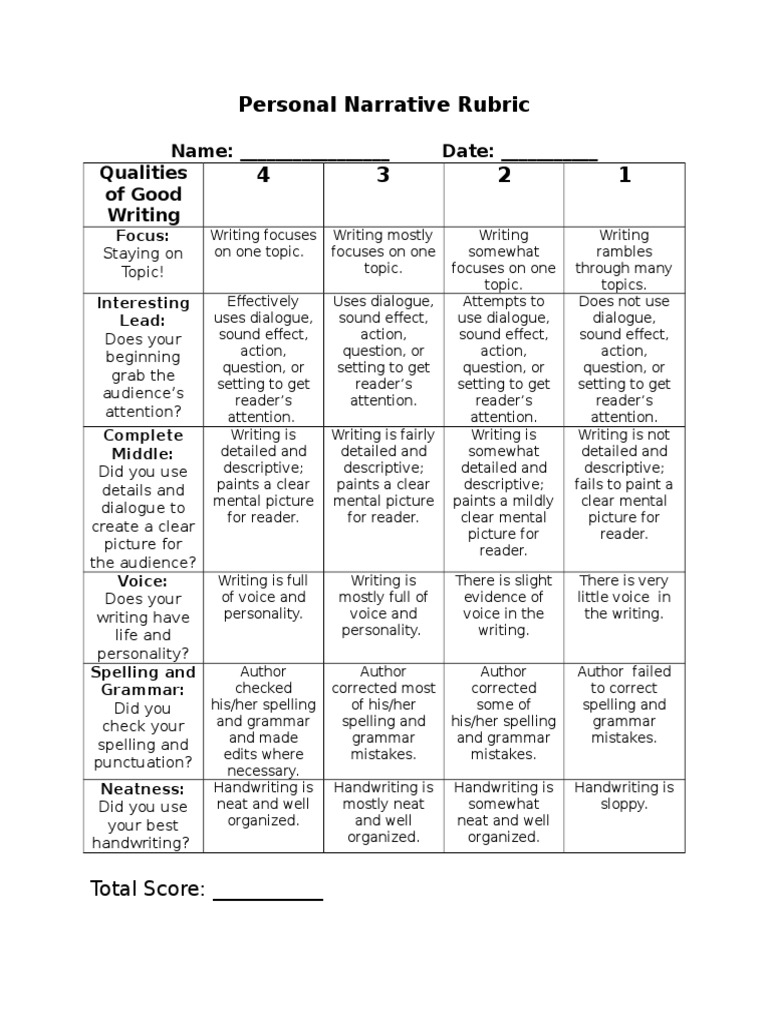 Personal Narrative Rubric | PDF | Rubric (Academic) | Writing