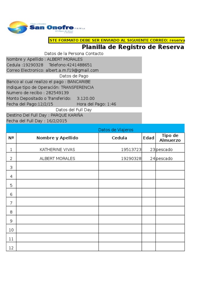 Planilla de Registro de Reserva | PDF