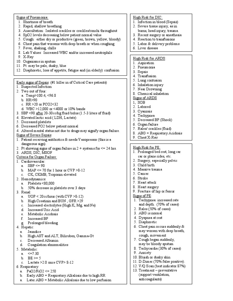 Risk For Diseases Cheat Sheet | PDF | Pneumonia | Sepsis