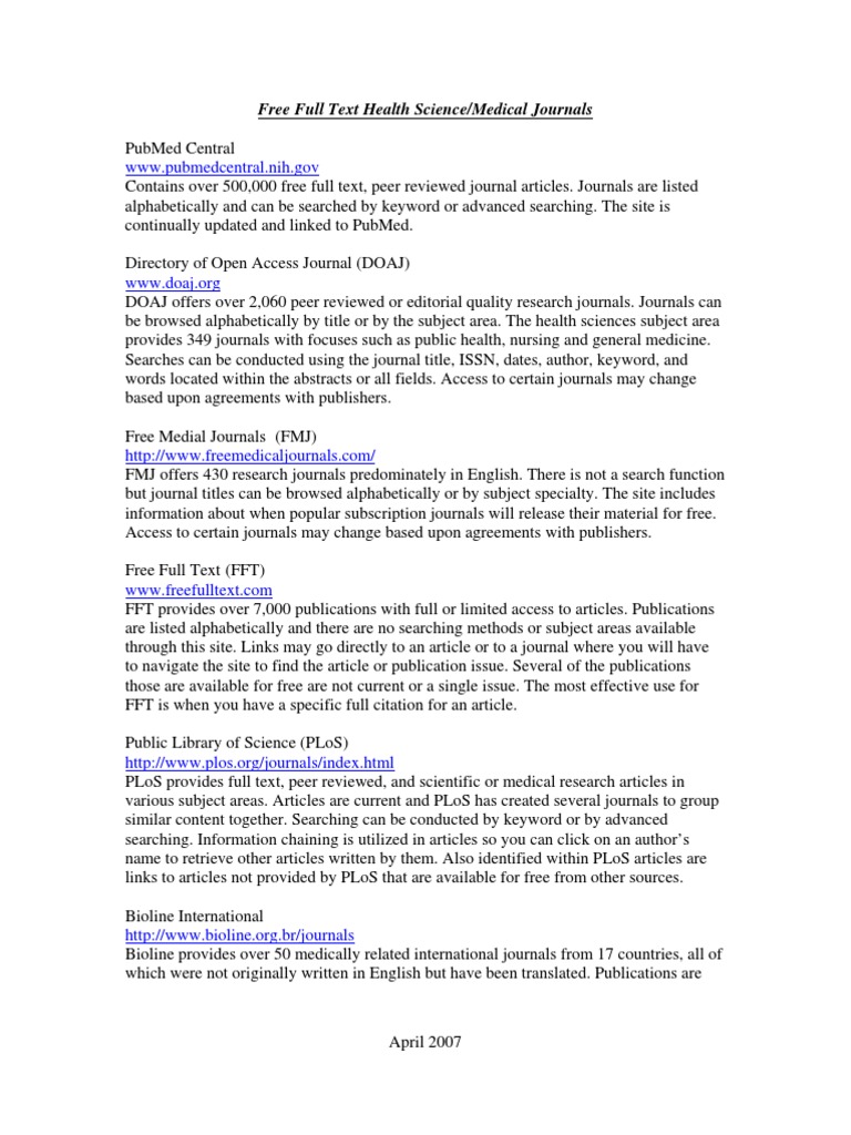 Free Full Text Articles | PDF | Academic Journal | Pub Med