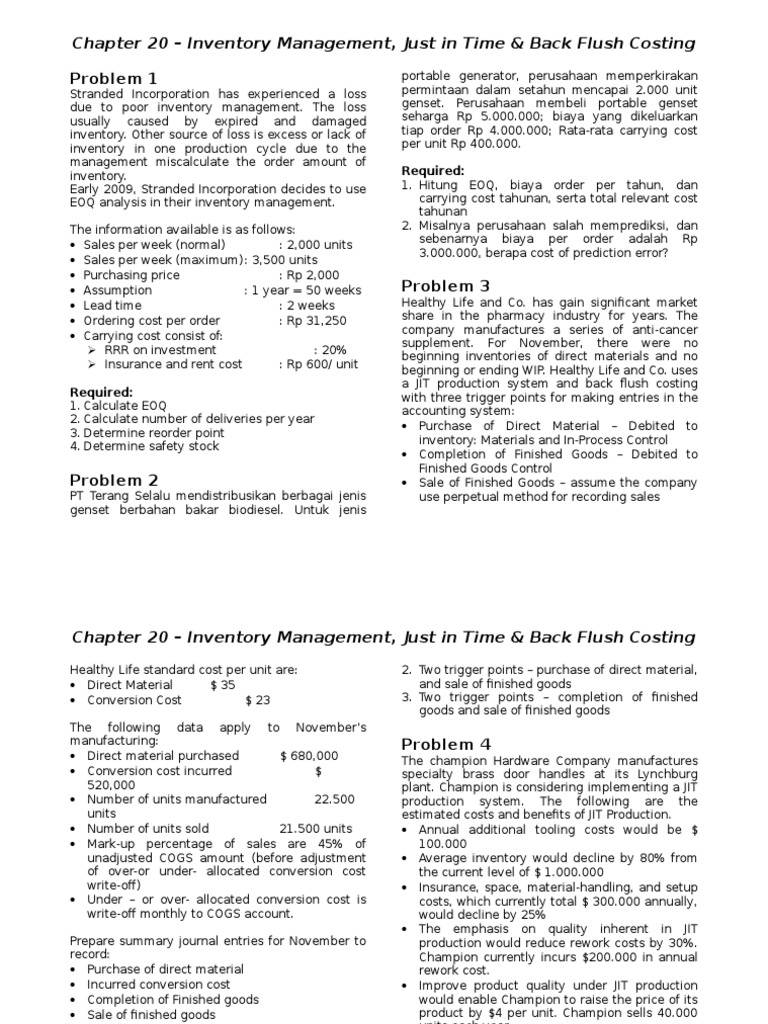 Chapter 20 - Inventory Management, Just in Time & Back Flush Costing ...