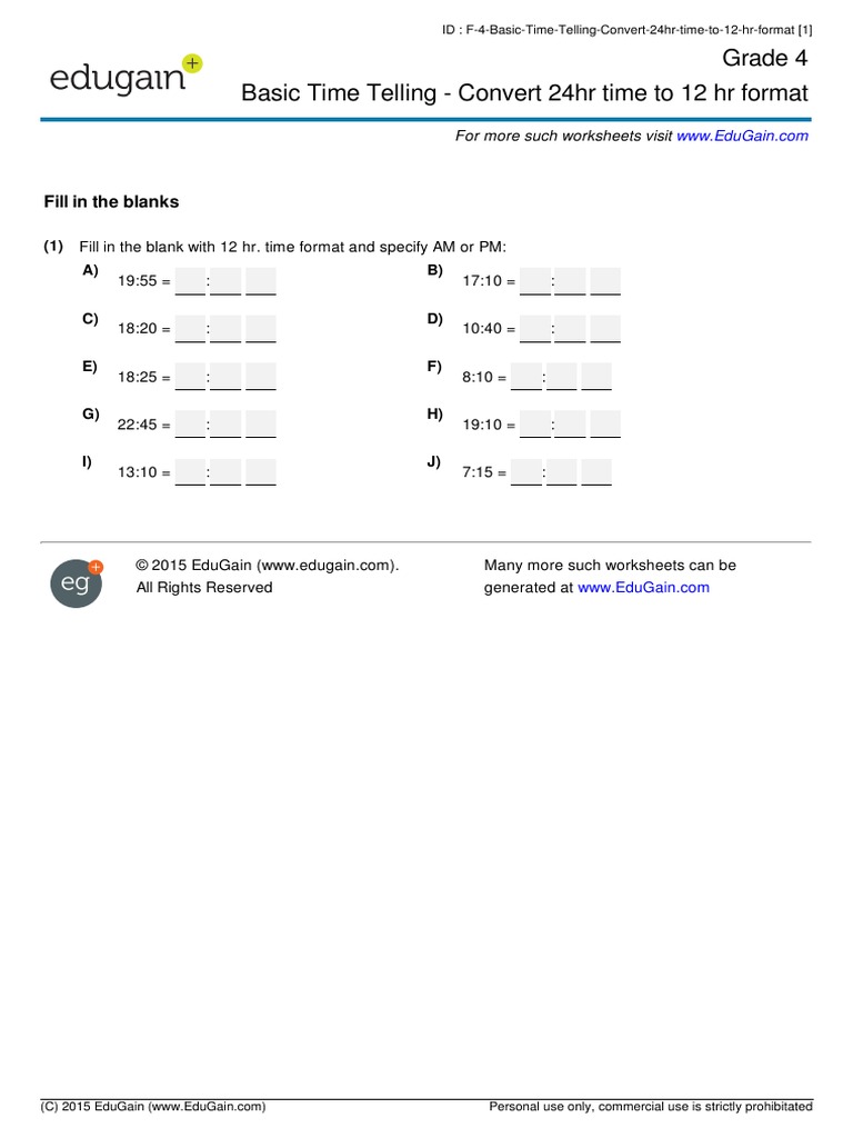 Grade4 Basic Time Telling Convert 24hr Time To 12 HR Format PDF | PDF
