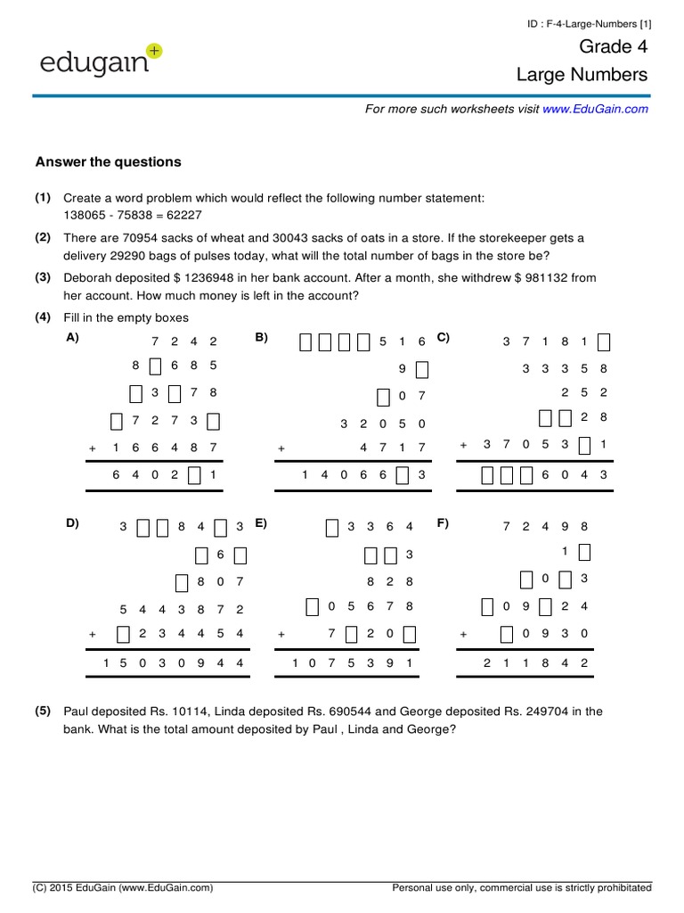 Grade 4 Large Numbers: Answer The Questions | PDF | Teaching Mathematics