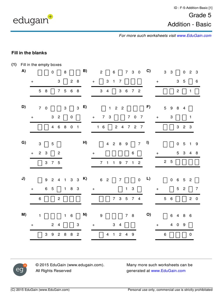 Grade5 Addition Basic PDF | PDF