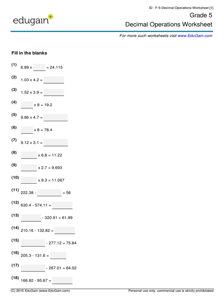 Grade5 Decimal Operations Worksheet PDF | PDF
