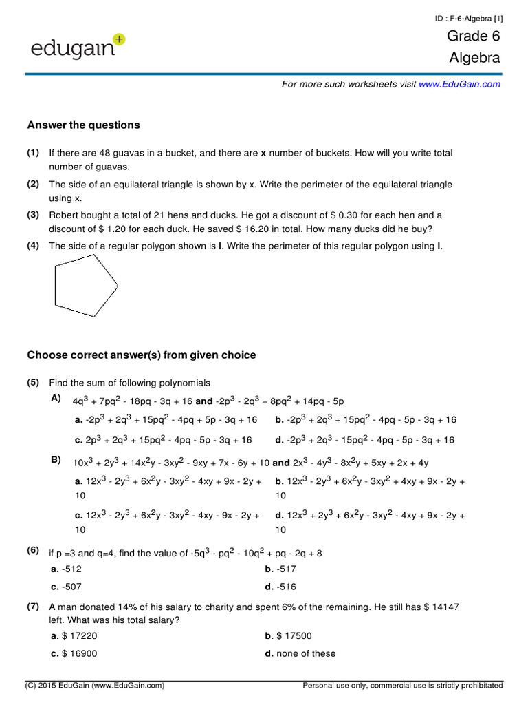 Grade6-Algebra.pdf | Abstract Algebra | Mathematical Analysis