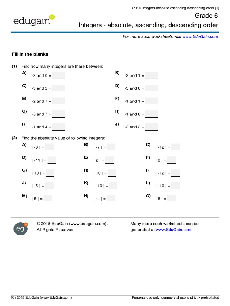 Grade6-Integers-absolute-ascending-descending-order.pdf | Integer | Numbers