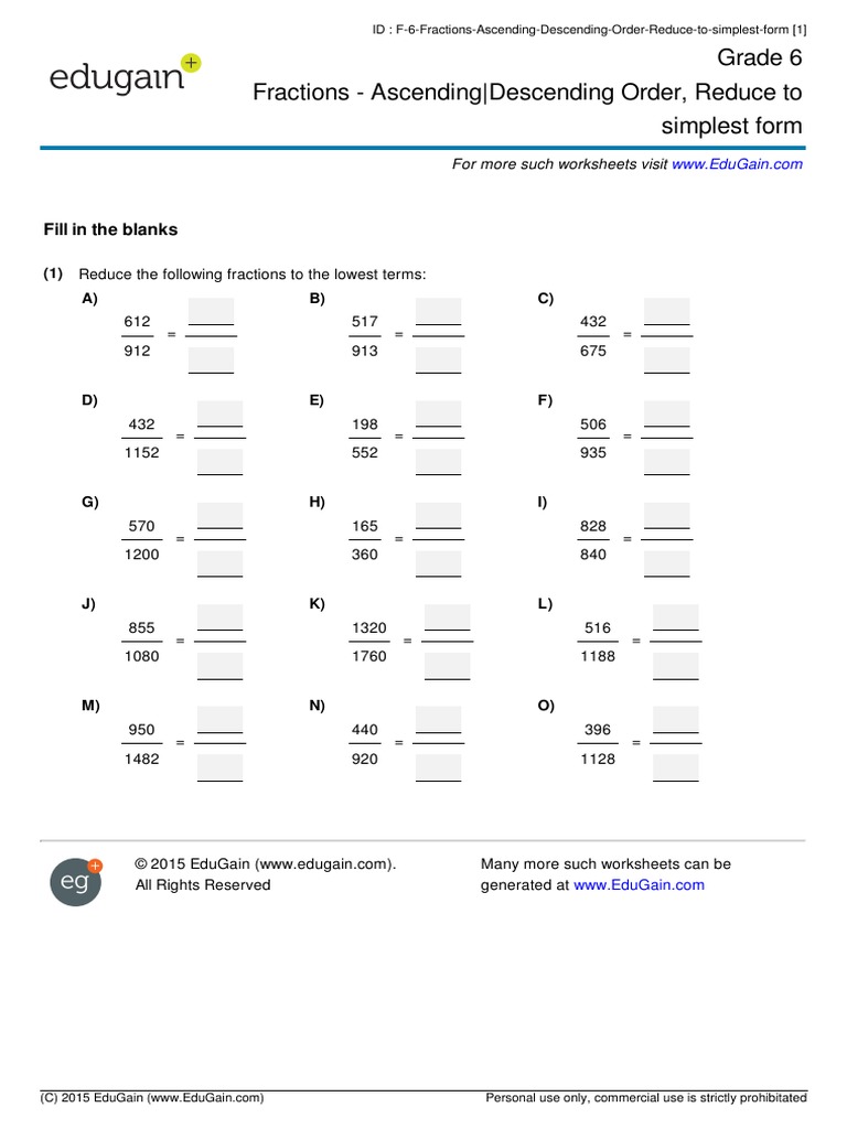 Grade6 Fractions Ascending Descending Order Reduce To Simplest Form PDF ...