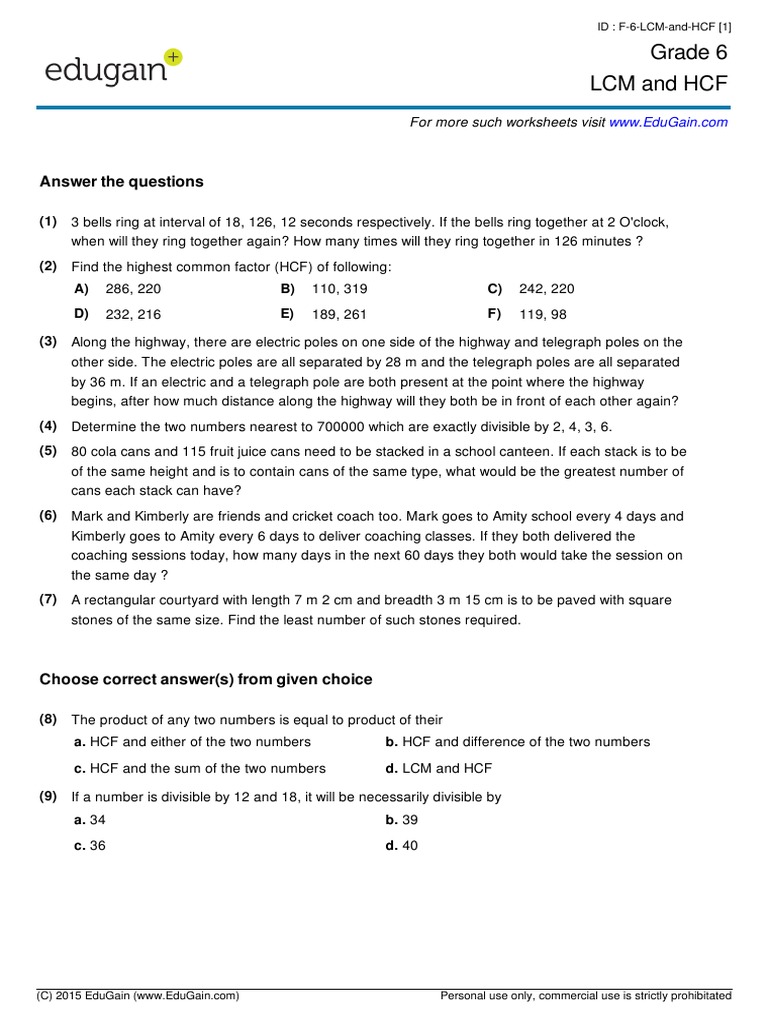 Grade6-LCM-and-HCF.pdf | Mathematical Objects | Mathematical Concepts