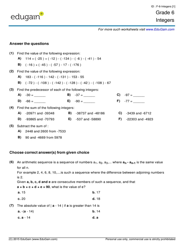 Grade6 Integers | PDF | Integer | Fraction (Mathematics)