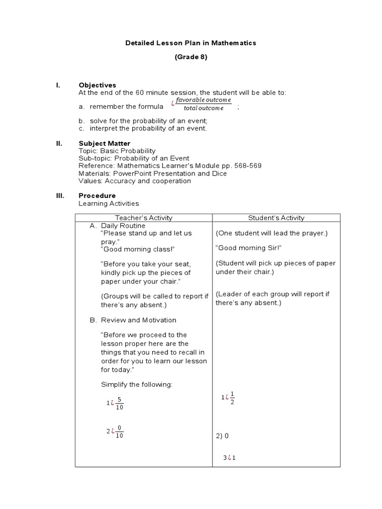 Grade 8 Probability Lesson Plan | PDF | Odds | Probability