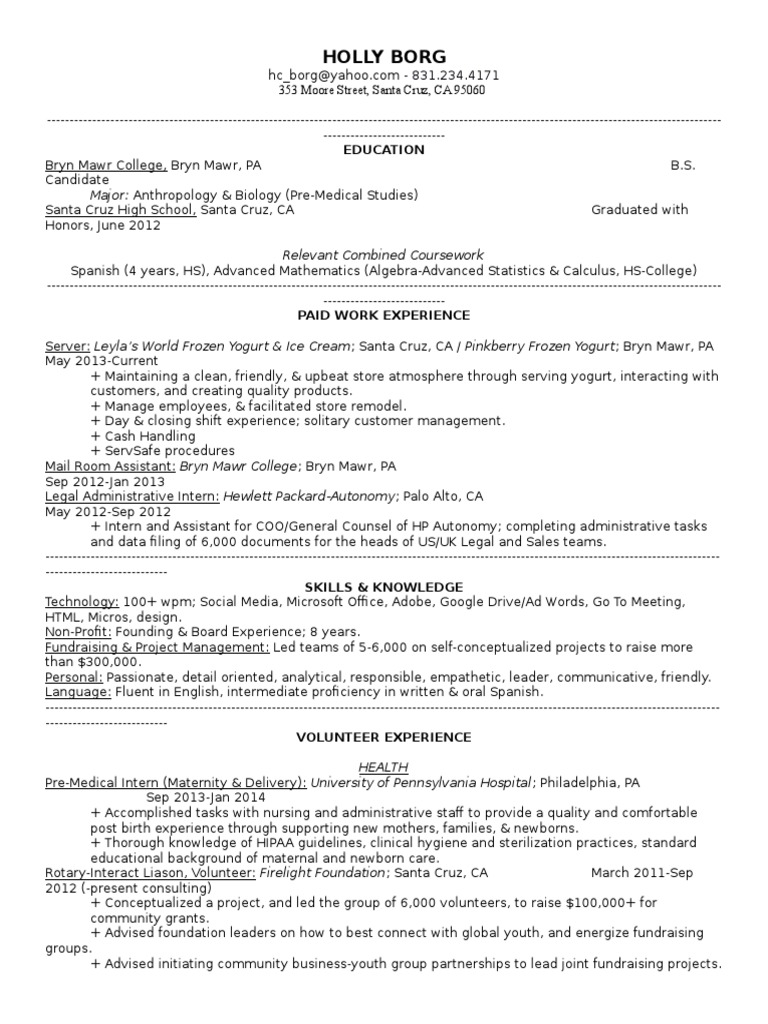 Holly Borg: Resume | PDF | Fundraising | Internship