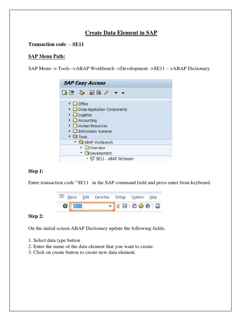 Create Data Element In Sap Transaction Code Se11 Sap Menu Path Pdf