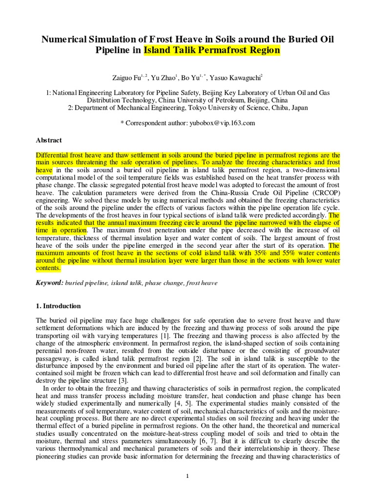 Numerical Simulation of F Rost Heave in Soils Around The Buried Oil ...