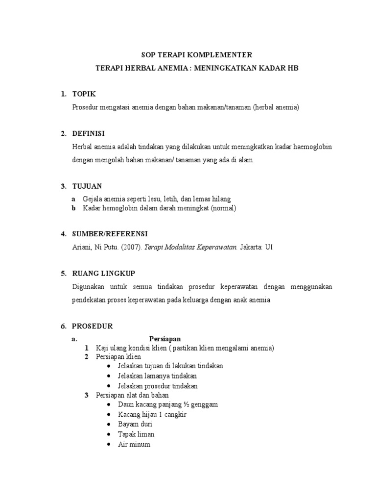 SOP Terapi Komplementer: Terapi Herbal Anemia | PDF | Kesehatan Holistik