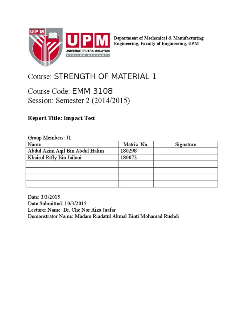 Lab Report Impact Test (Strength Material) | PDF | Fracture ...
