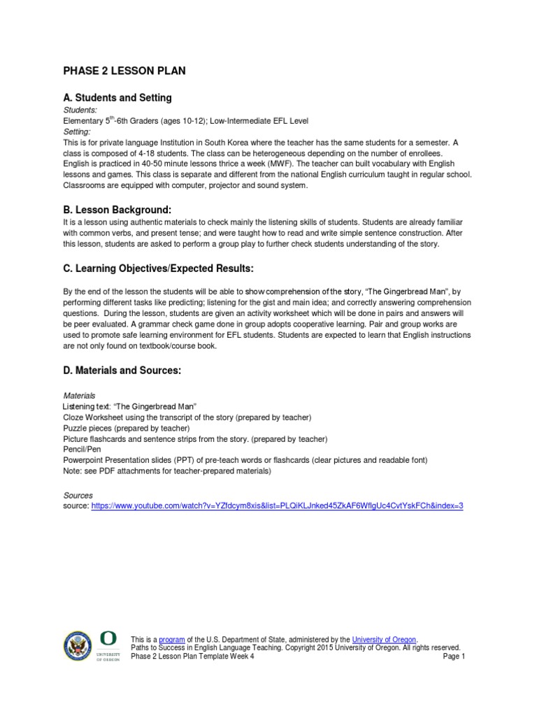 The Gingerbread Man EFL Lesson Plan | PDF | English As A Second Or ...