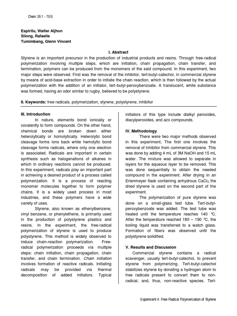 CHEM35.1 E4 Free-Radical Polymerization of Styrene | PDF ...