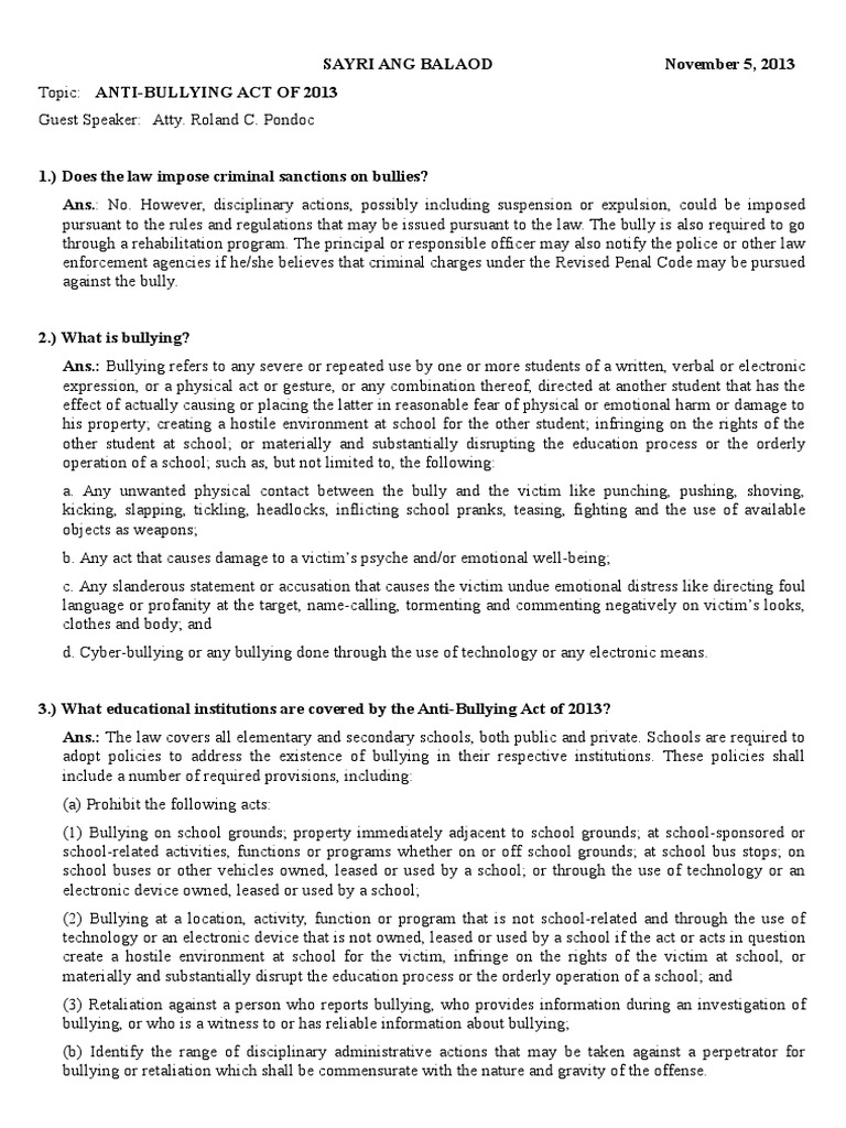 Notes On Anti Bullying Act | PDF | Bullying | Cyberbullying