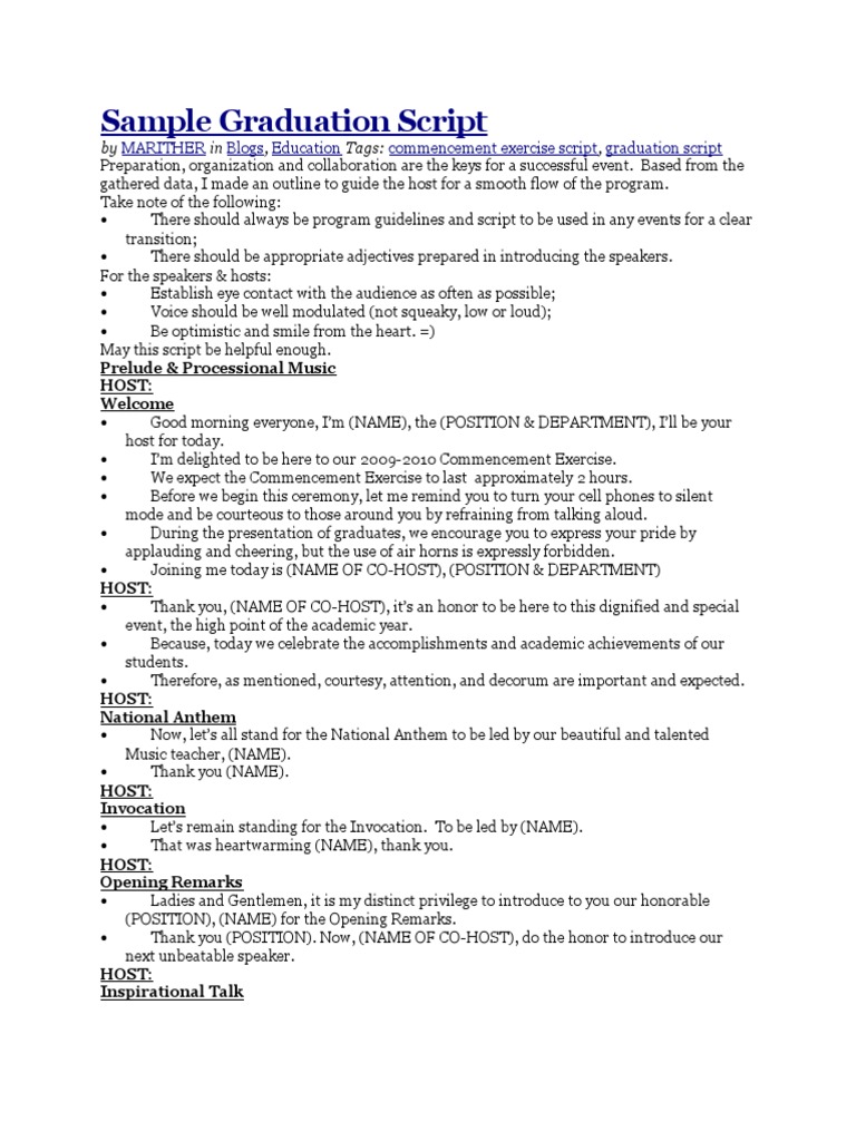 Sample Graduation Script | PDF | Further Education | Schools