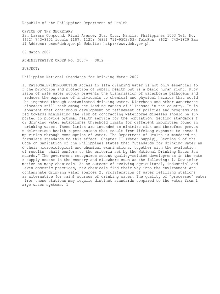 Philippine National Standards For Drinking Water PNSDW 2007 PDF | PDF ...
