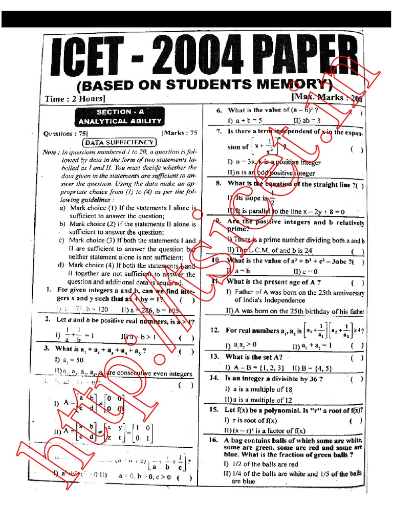 ICET 2004 Question Paper With Solutions PDF Download | PDF