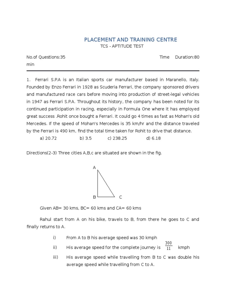 Aptitude Test Prep: TCS Placement and Training Centre Practice Exam ...