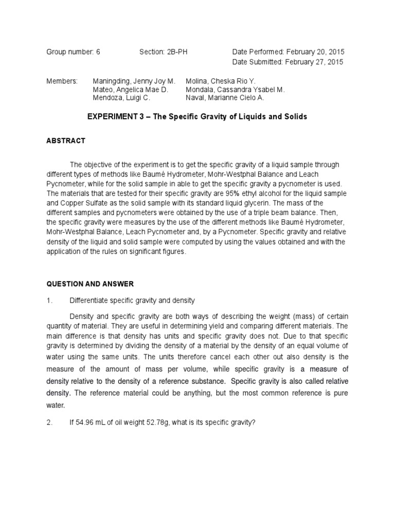 Specific Gravity of Solids and Liquids | PDF | Density | Physical Quantities