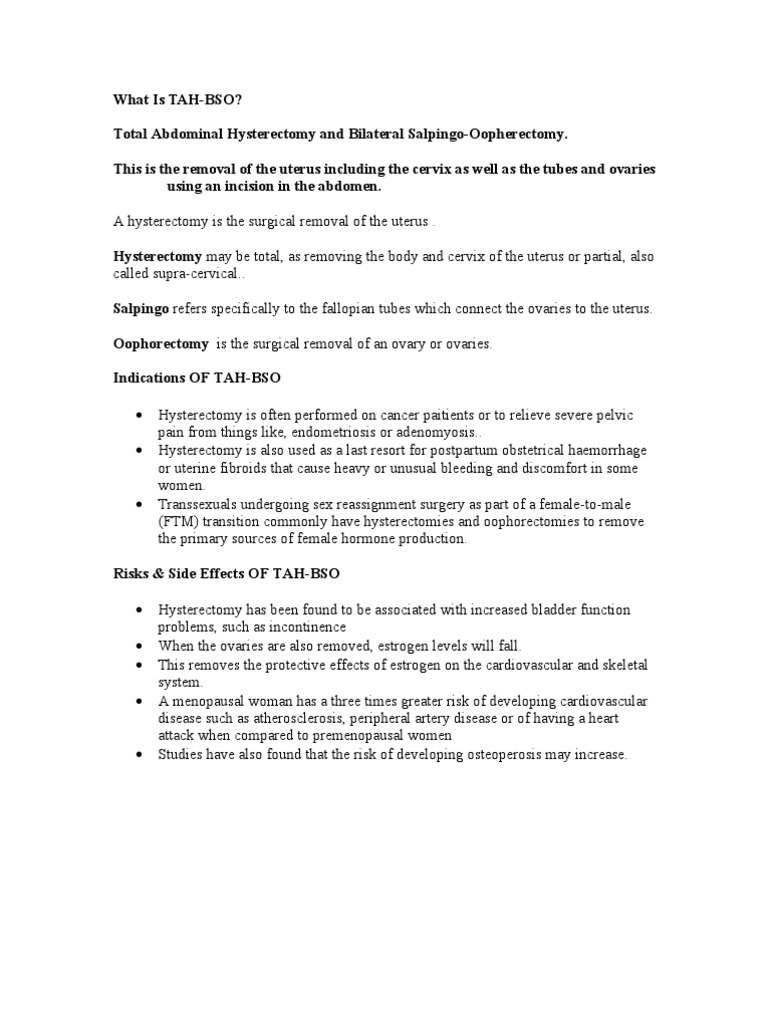 TAH-BSO: Procedure, Indications, Risks | PDF | Uterus | Human Reproduction