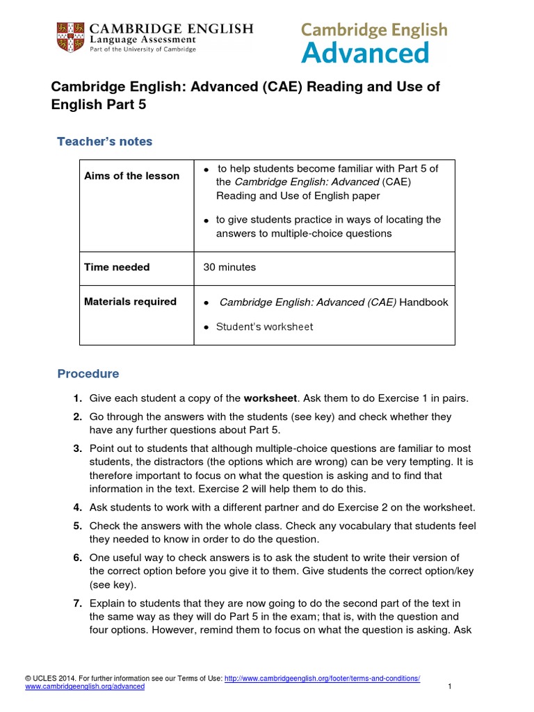 Cambridge English Advanced Cae From 2015 Reading and Use of English ...