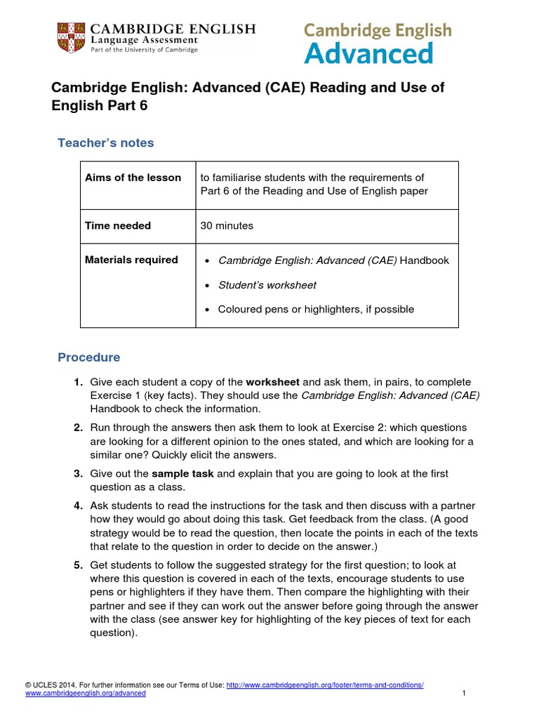 Cambridge English Advanced Cae From 2015 Reading and Use of English ...