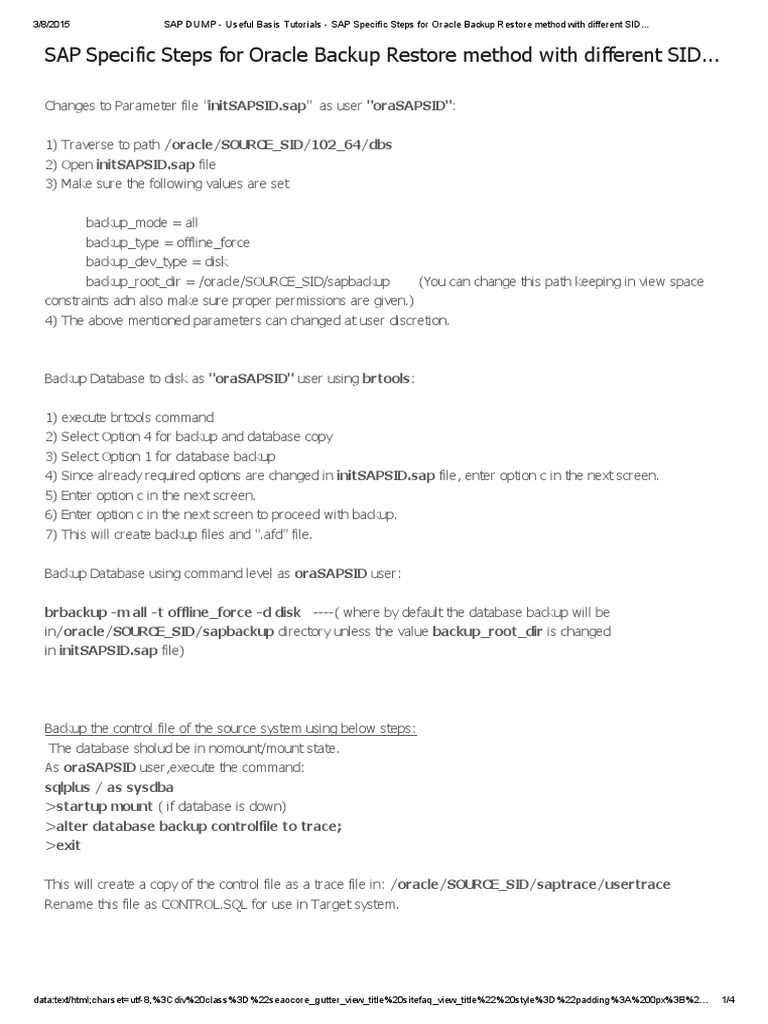 SAP DUMP - Useful Basis Tutorials - SAP Specific Steps For Oracle Backup Restore Method With ...