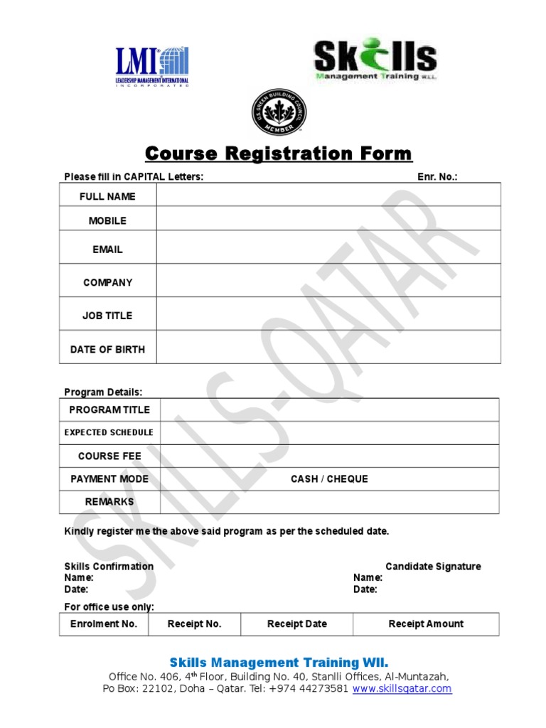 Course Registration Form: Skills Management Training WLL | PDF