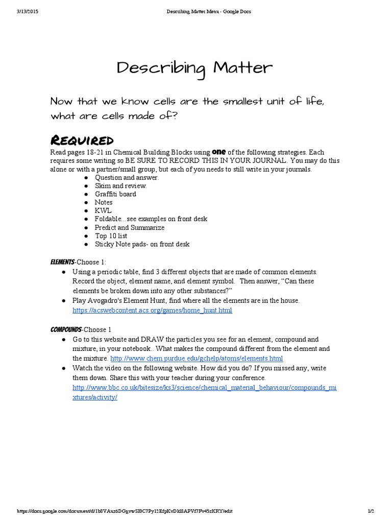 Describing Matter: Elements and Compounds | PDF