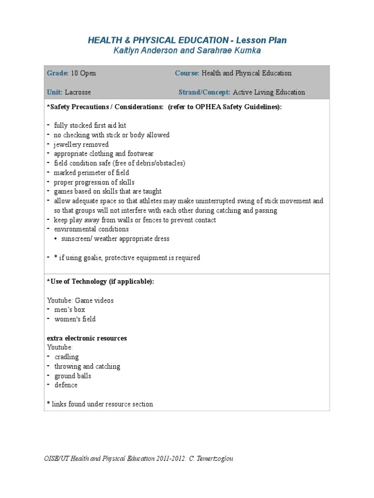 Lacrosse Lesson Plan for Grade 10 | PDF | Lacrosse | Physical Education