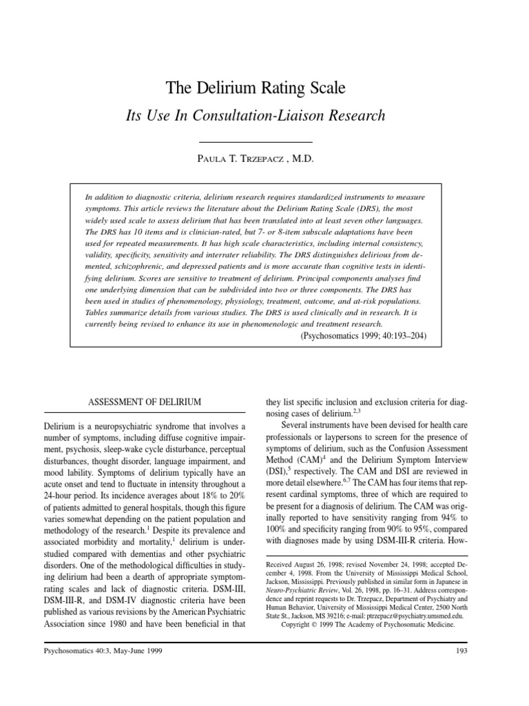 The Delirium Rating Scale (DRS) | PDF | Psychiatry | Diagnostic And ...