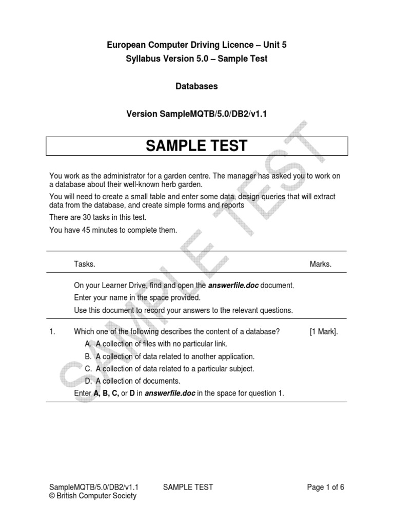 Unit 5 Sample Test | PDF | Databases | Table (Database)