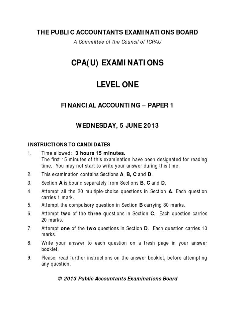 CPA Level 1 Financial Accounting Exam 2013 | PDF | Debits And Credits ...
