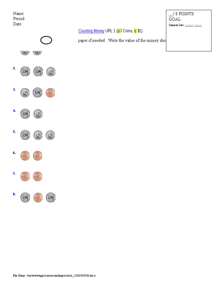 3 - Coutning Money Coins and Bills | PDF | Numismatics | Money