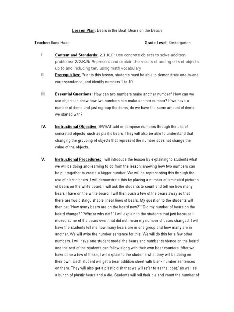 Kindergarten Math Lesson - Bears On The Boat, Bears On The Beach | PDF ...