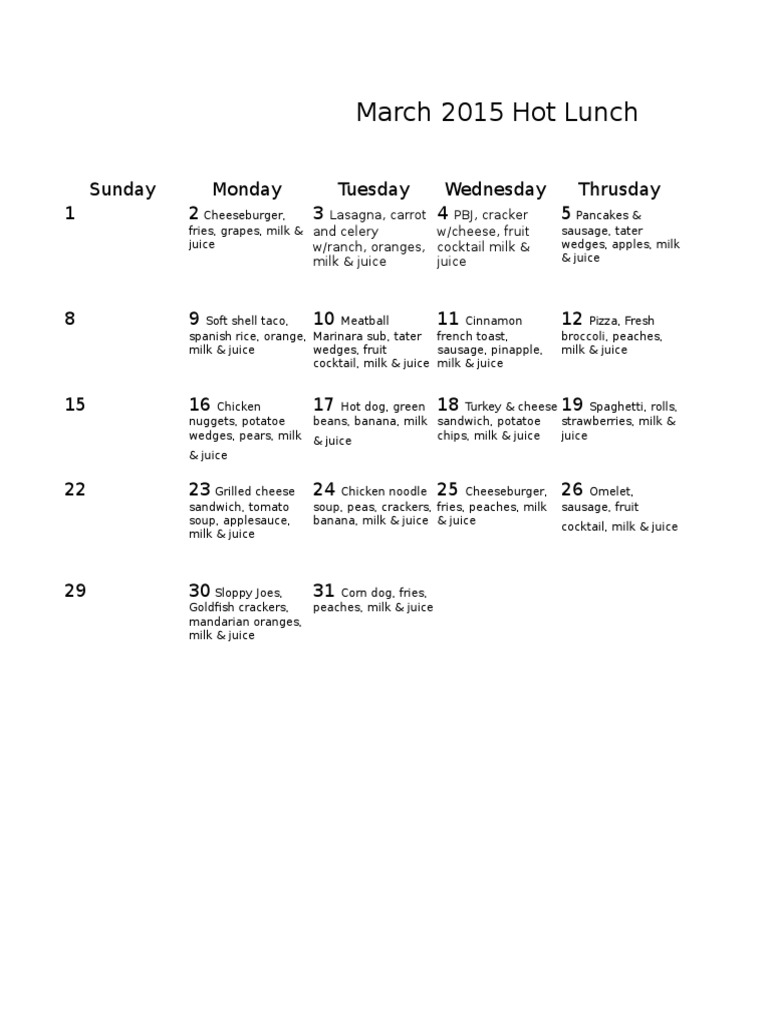 March 2015 Hot Lunch Menu | PDF