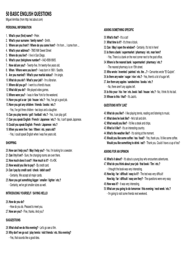 50 Basic English Questions | Download Free PDF | Leisure