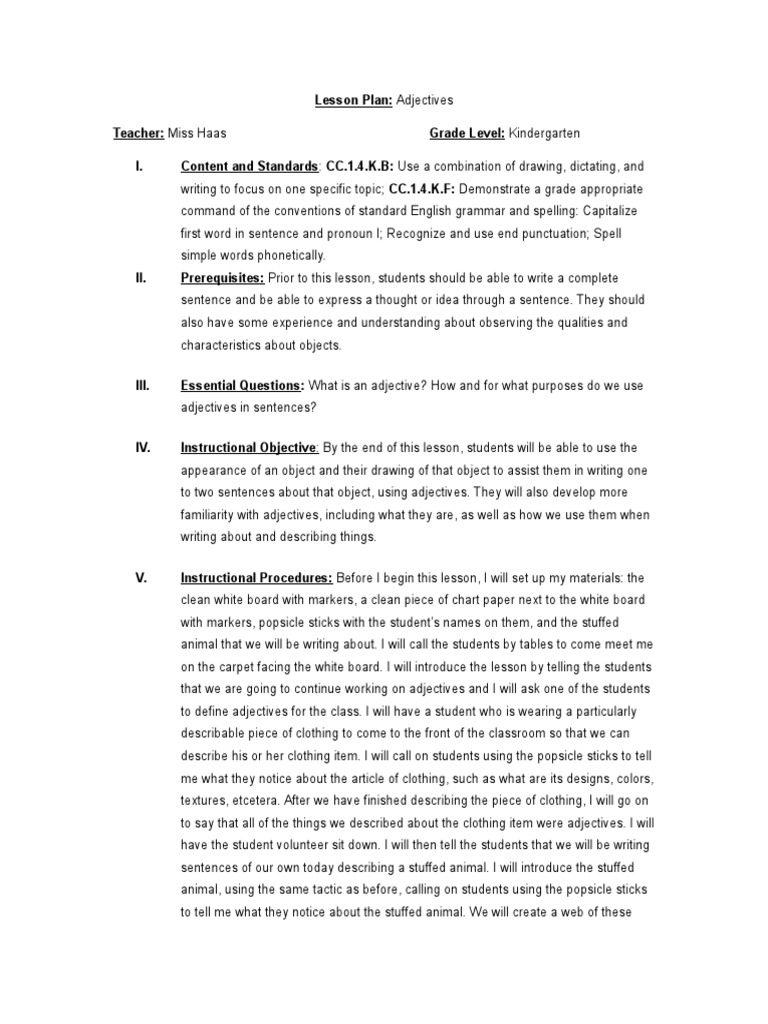 Kindergarten Adjective Lesson Plan | PDF | Lesson Plan | Cognition
