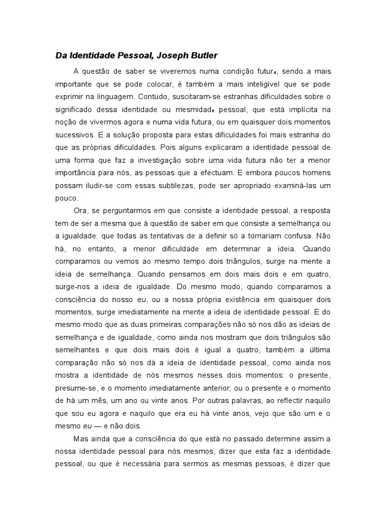 Joseph Butler, Da Identidade Pessoal | PDF | John Locke | Ideia