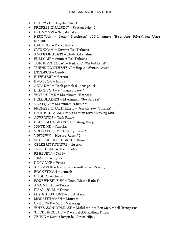GTA San Andreas Cheat Codes Guide | PDF